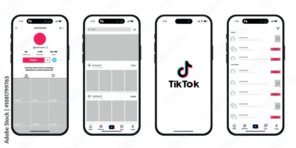 TikTok interface elements, including profile, feed, and recording ...