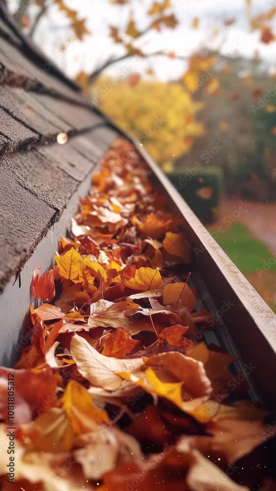 Autumn Leaves Accumulated in a Rain Gutter on a Roof Background. Seamless looping motion design ...
