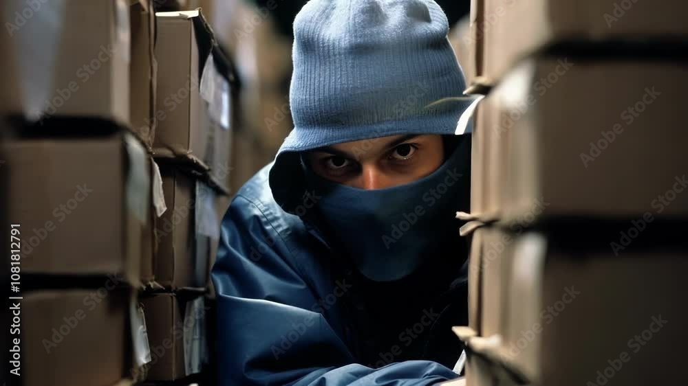 Thief hides in a shadowy warehouse among cardboard boxes, planning a ...