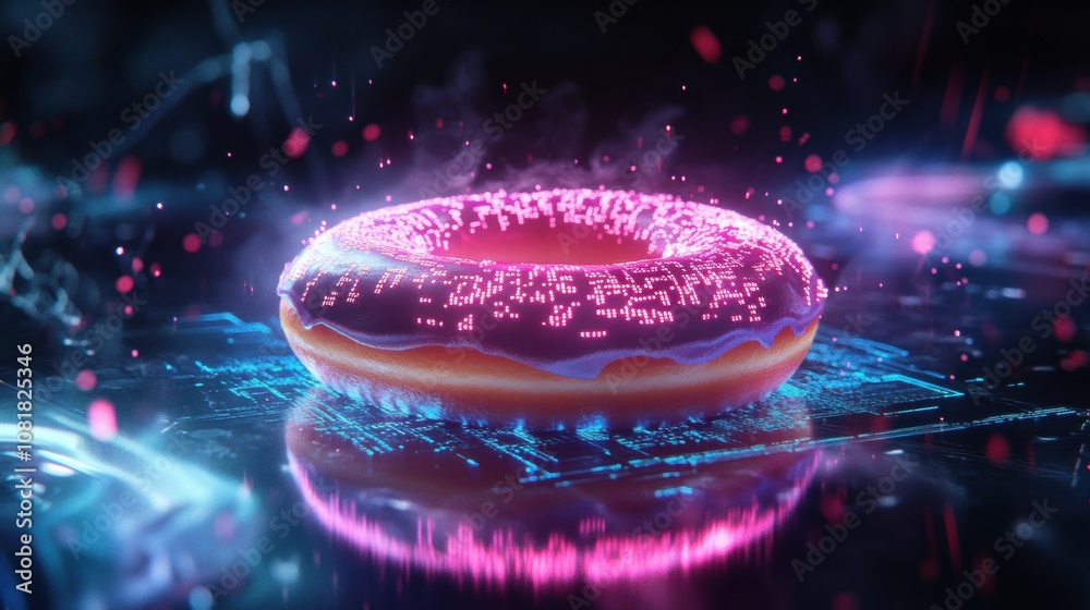 Futuristic neon donut with digital binary code frosting, glowing LED ...