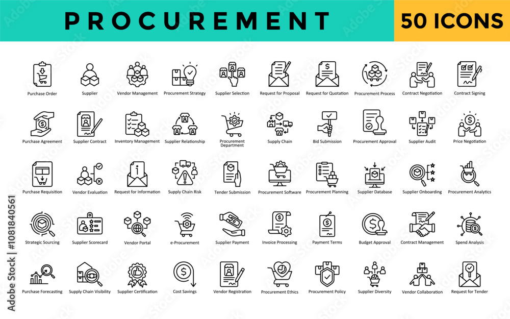 Póster Procurement icons set with purchase order, supplier, vendor ...