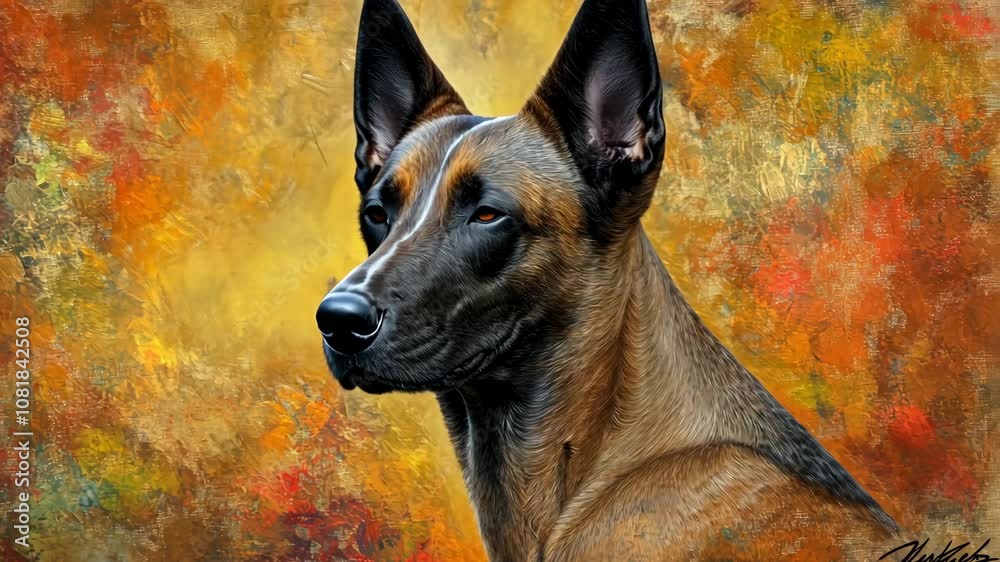 A Belgian Malinois dog is depicted in a painting with a blurry ...