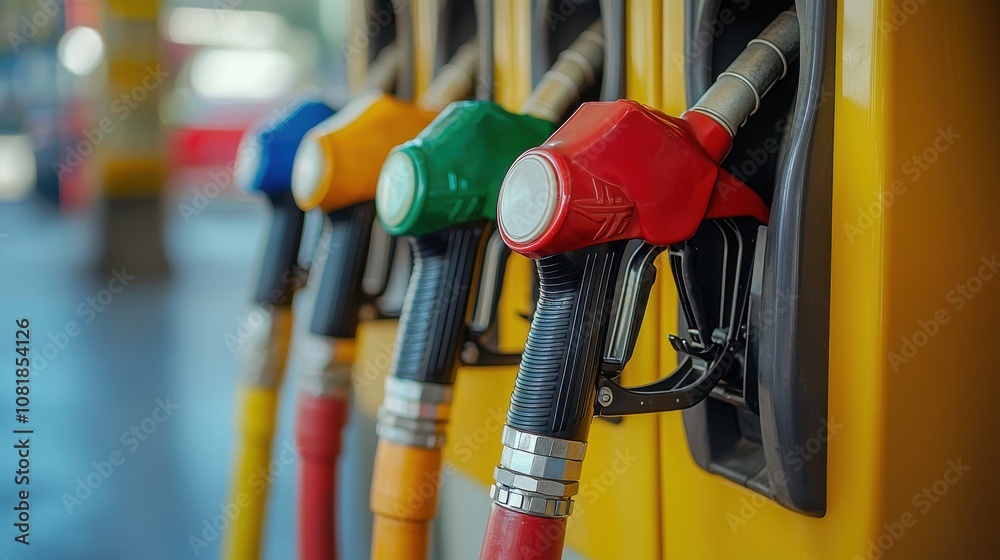 A colorful display of fuel pumps at a gas station, showcasing various ...
