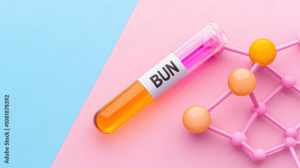 Test tube labeled BUN with colorful liquid and molecular model on ...