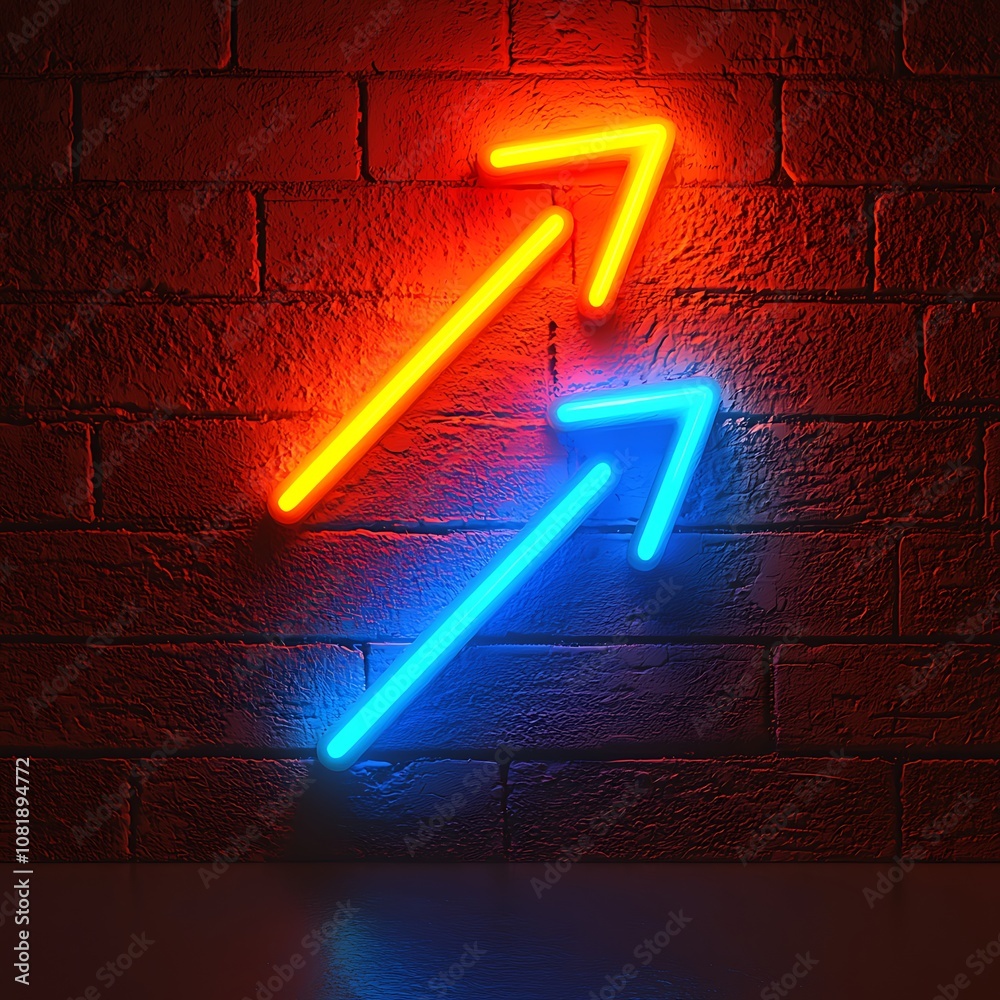 Bright Neon Arrows on a Textured Wall for Directional Signage and ...