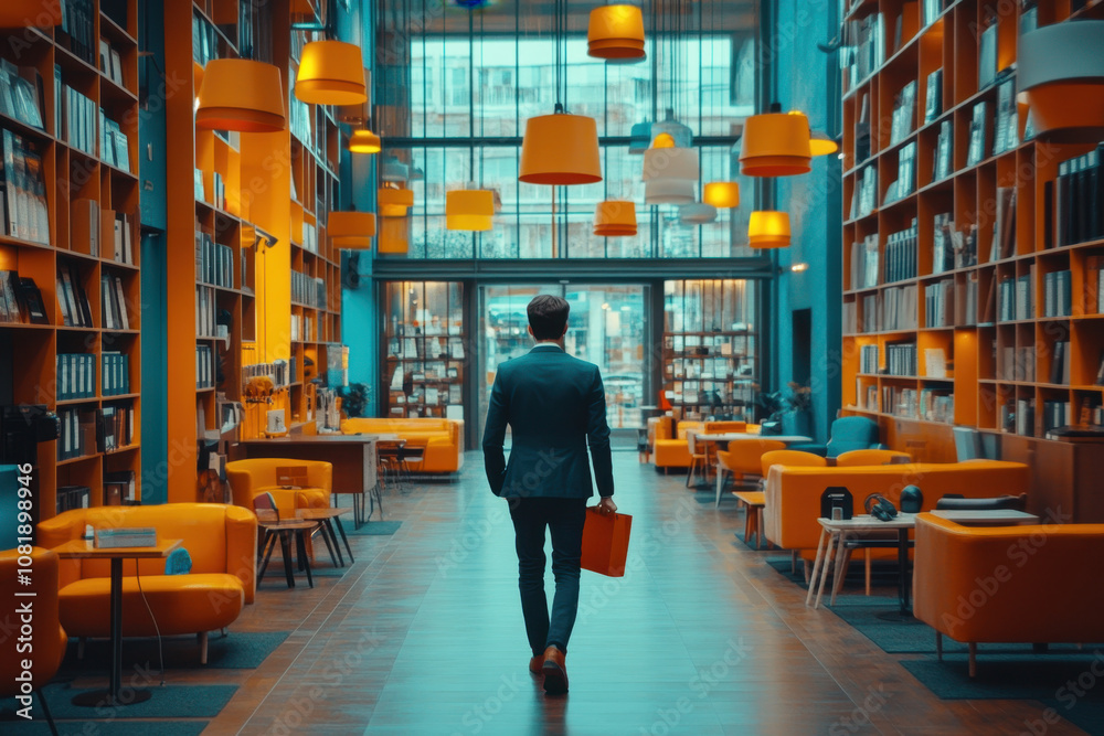 Workplace violence. A professional walking through a vibrant library ...