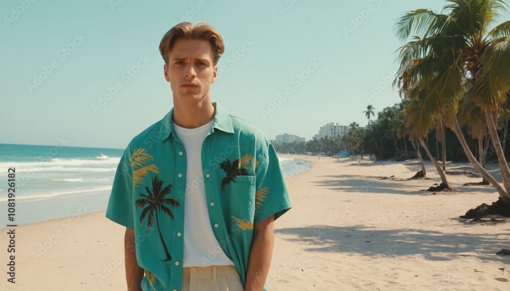 90s esthetic with a guy in palm shirt standing near the beach. 90s ...