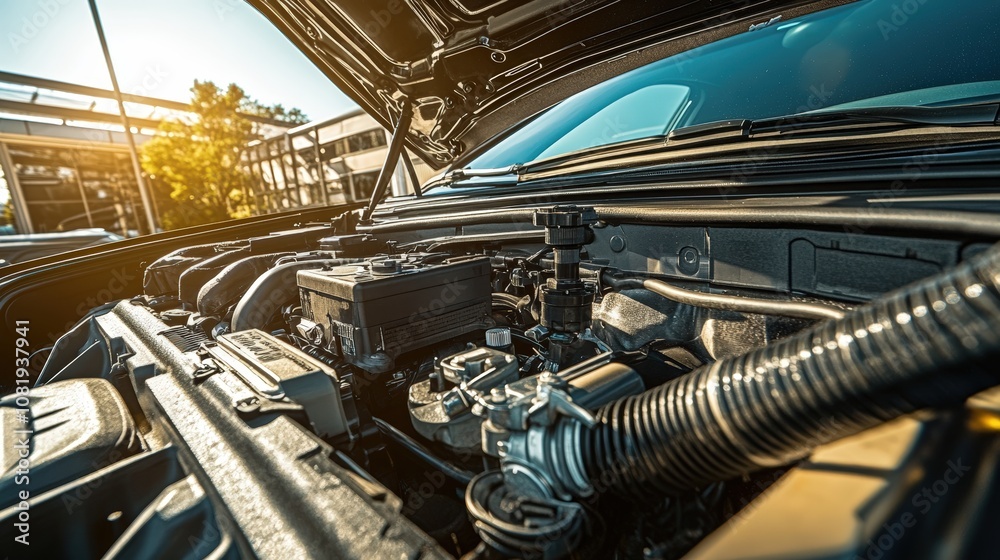 Under the Hood: A detailed view of a modern car engine, showcasing its ...