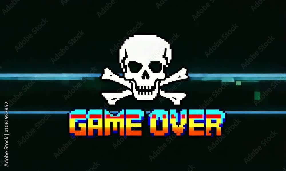 Pixel art Game Over screen with glitch effect featuring a skull and ...