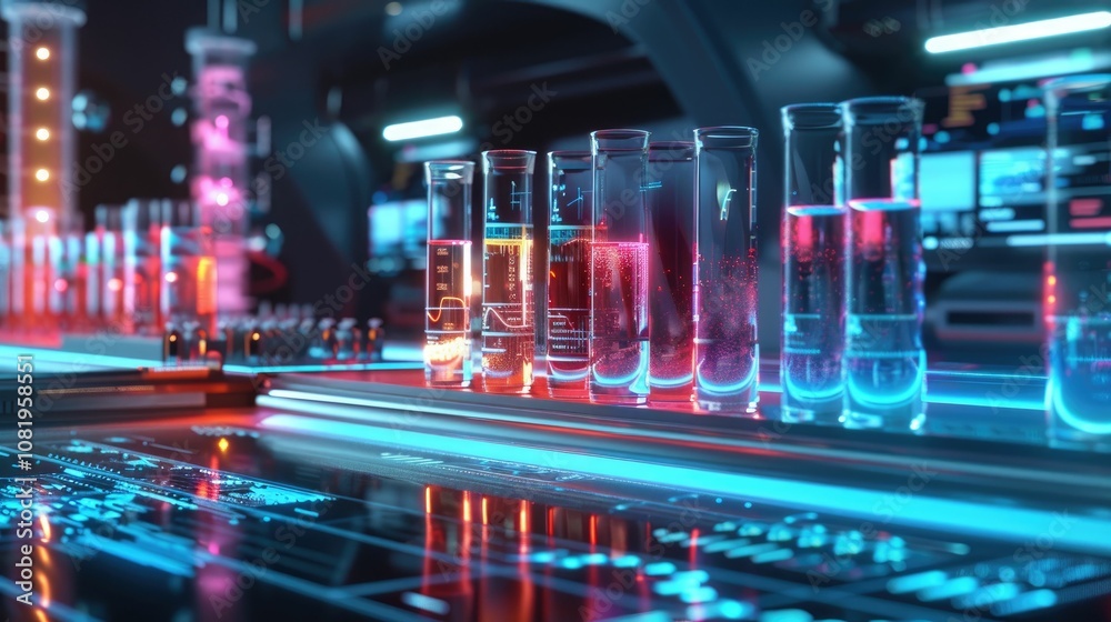 Medical research lab with glowing test tubes and digital charts Stock ...
