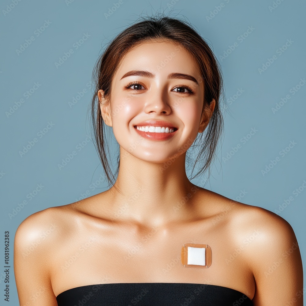 Smiling young woman with clear skin and adhesive square patch on ...