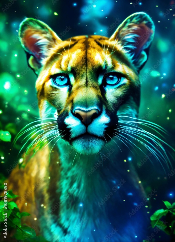 puma de color azul con ojos verdes que vuela por el espacio ...
