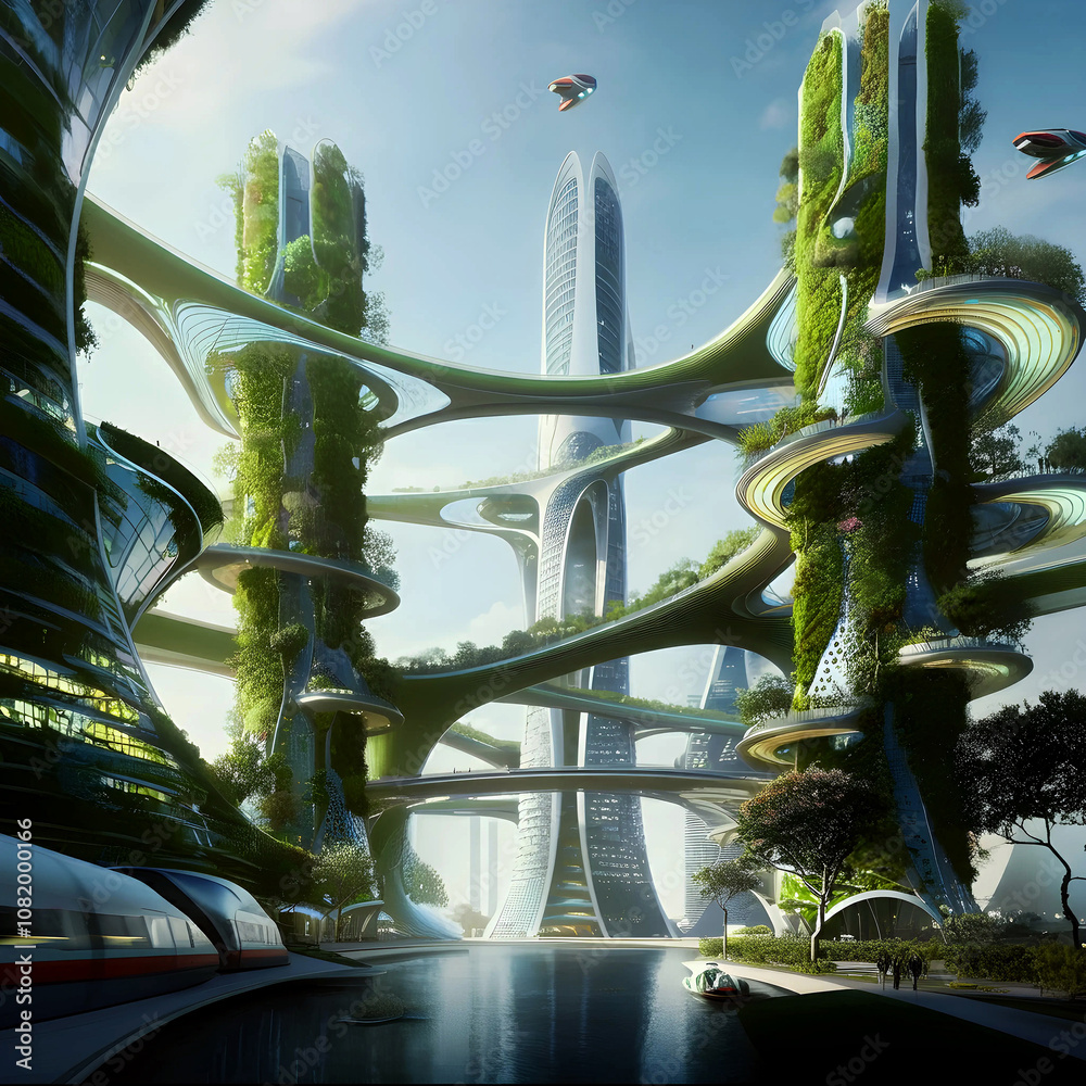 Eco friendly sustainable green city of the future, futuristic cityscape ...