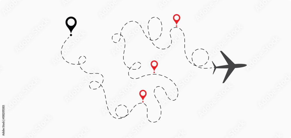 Airplane line path icon. Vector illustration of air plane flight route ...