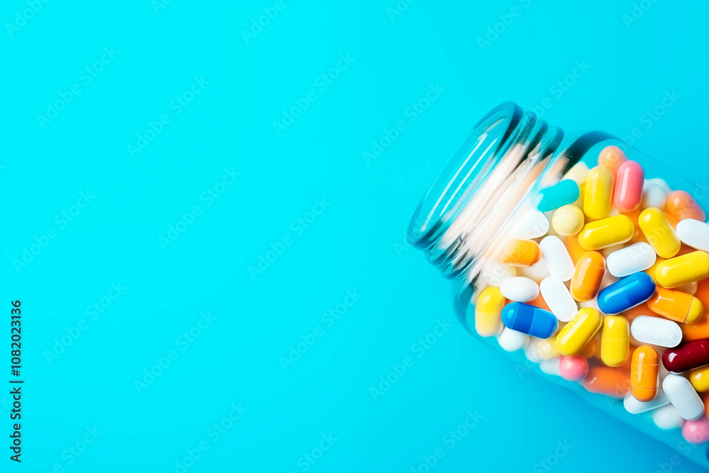 Bote de pastillas de colores sobre fondo de color con espacio para ...