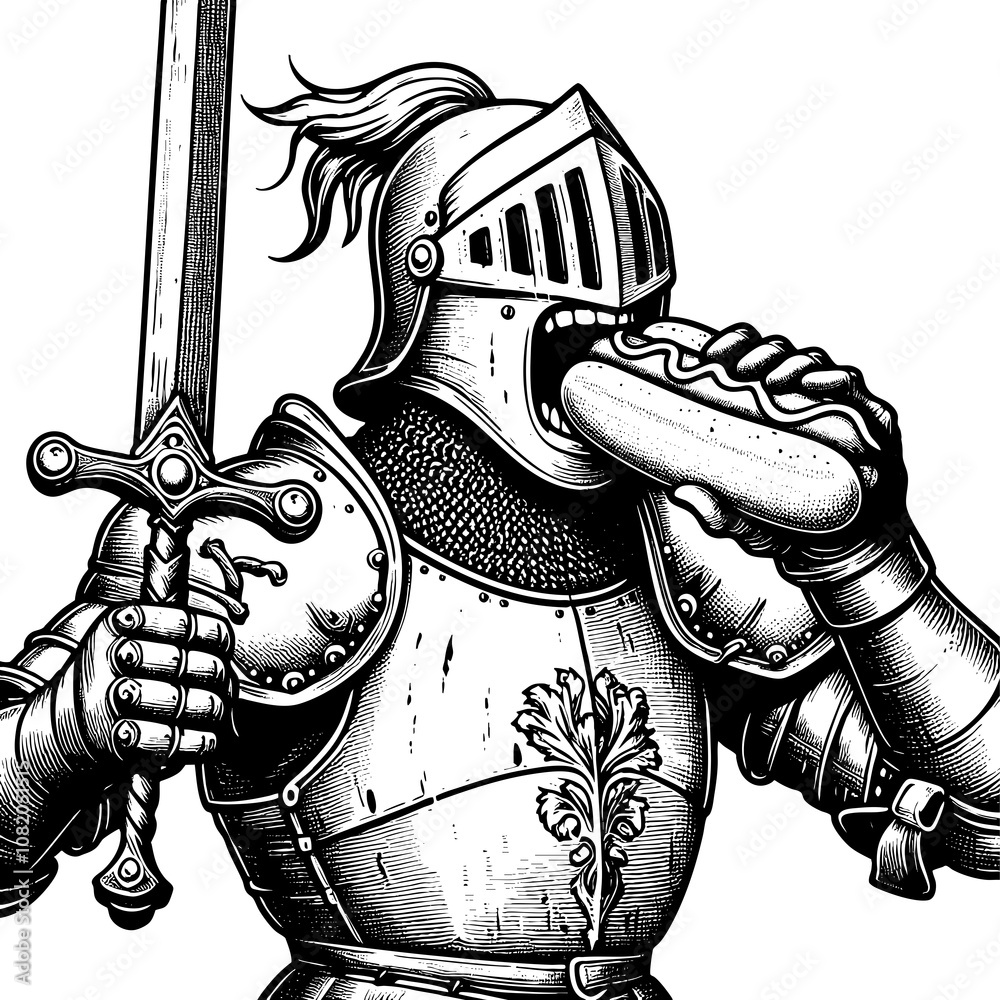 Cartoon medieval knight in full armor enjoying a hot dog, historical ...