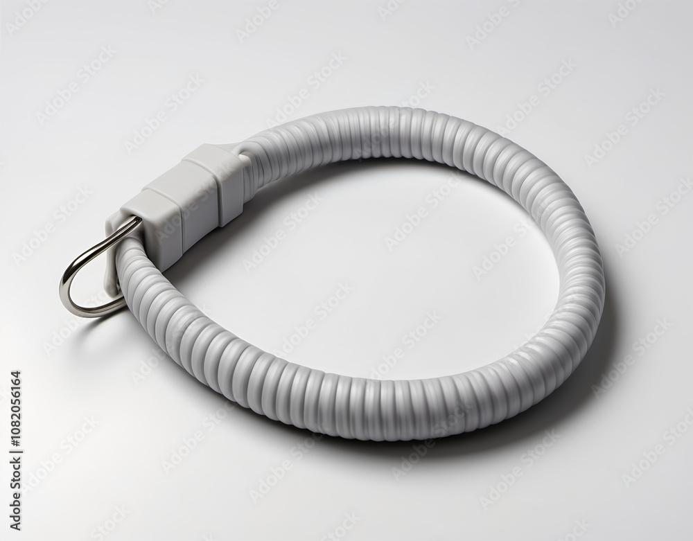 A close-up of an anti-static wrist strap coiled neatly on a white ...