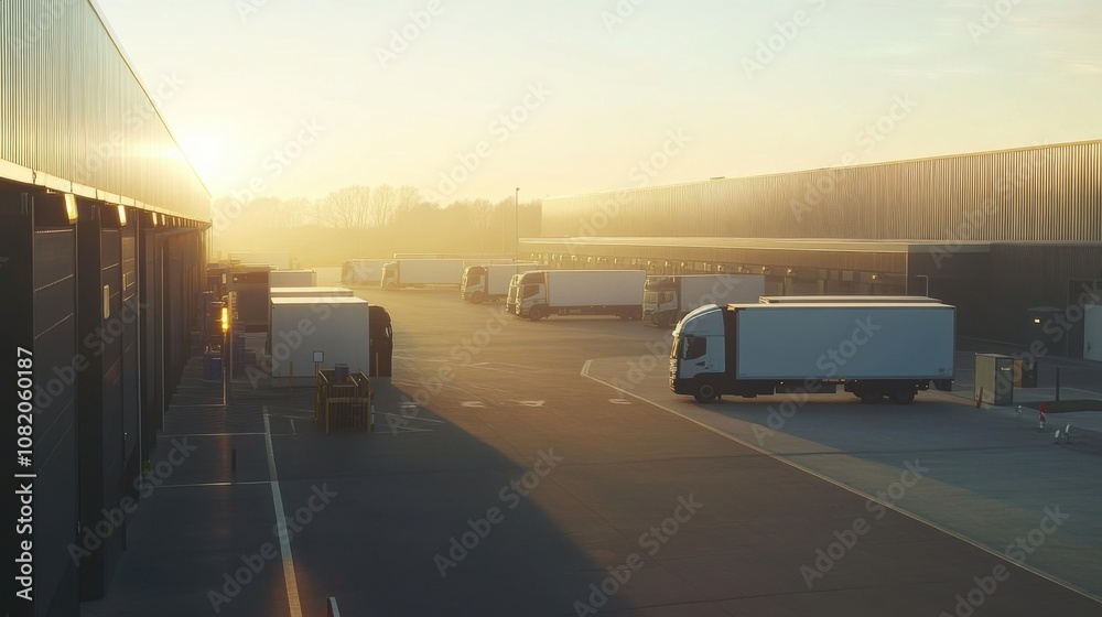 Multiple Delivery Trucks Departing Large Logistics Hub at Dawn: Dynamic ...