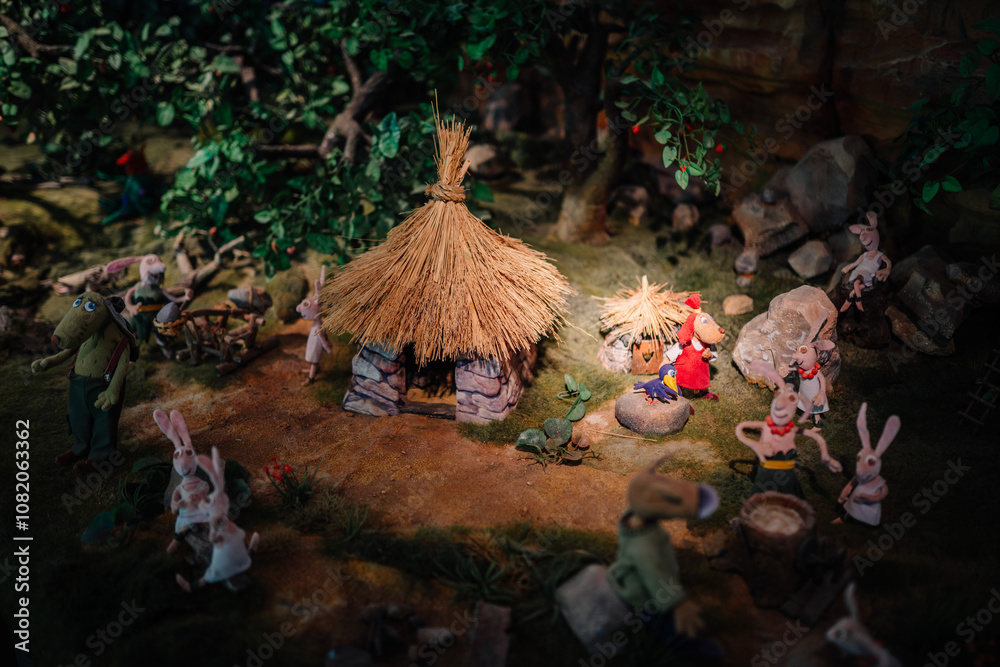 Fotka „Miniature diorama with animal characters and straw huts in a ...