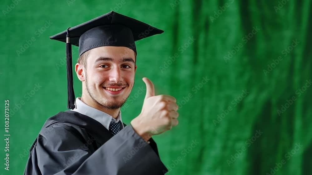 Young man wearing graduation gown is posing on a green screen ...