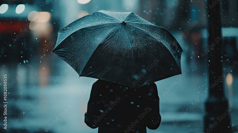 Person standing in pouring rain, umbrella flipped inside out, clothes ...