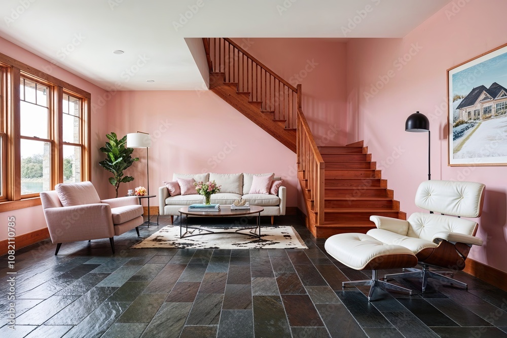 Contemporary Charcoal Slate Floor Tile with Pastel Pink Wall in ...