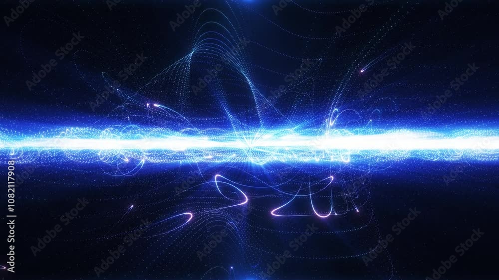 Abstract futuristic cyber world scene, sci-fi swirling particle wave ...