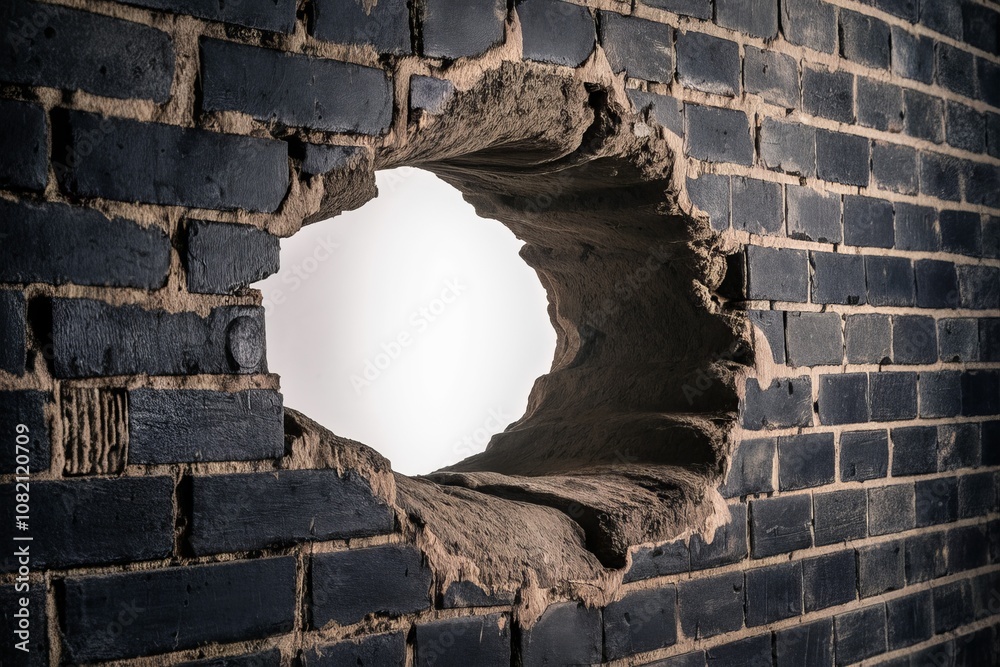 Breaking Through: A hole punched through a weathered brick wall ...