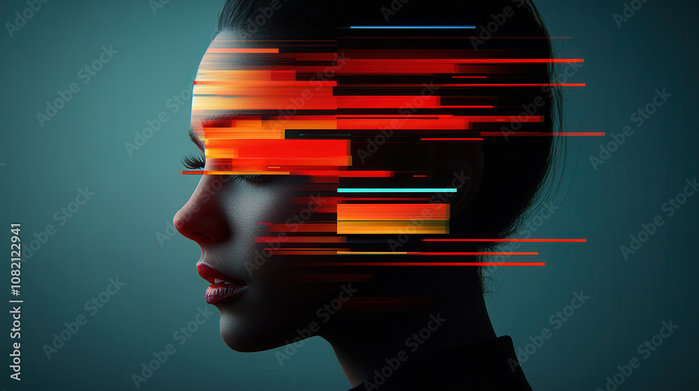 glitch art piece featuring woman profile with vibrant, distorted colors ...