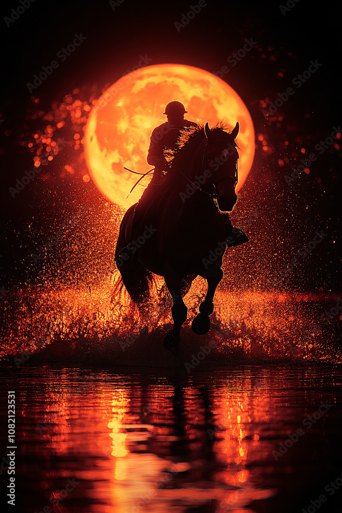 Silhouette of a Horse Galloping on a Beach with Red Moon Background ...