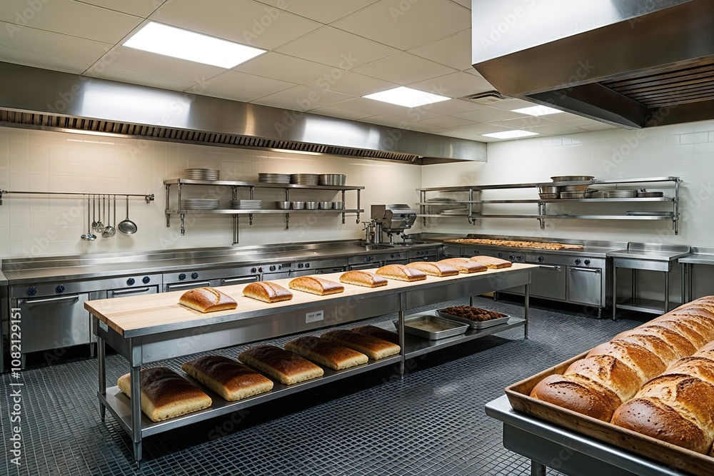 Spacious Industrial Bakery Kitchen with Stainless Steel Equipment for ...