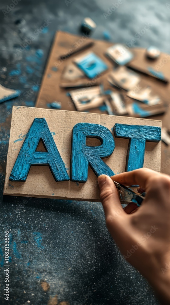 Crafting the Word "Art": A close-up shot of an artist meticulously ...