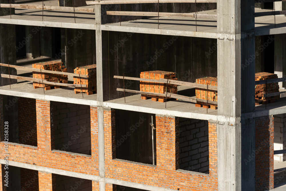 Concrete drainage pipes at the construction site. Laying of underground ...