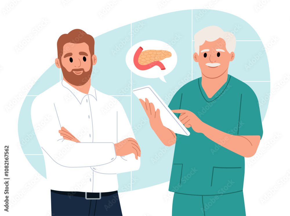 Pancreatic health. Doctor with tablet talking to smiling female patient ...