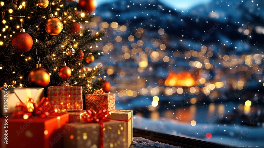 Christmas Tree with Lights and Ornaments by an Open Window Overlooking ...
