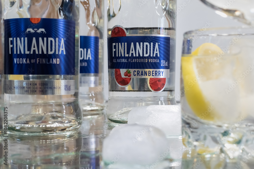 Bottles of Finland premium vodka Finlandia close-up on background with ...