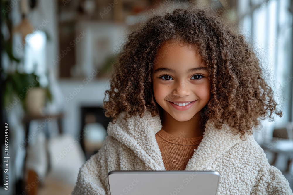 Cute little girl with curls. Happy smiling child with electronic tablet ...