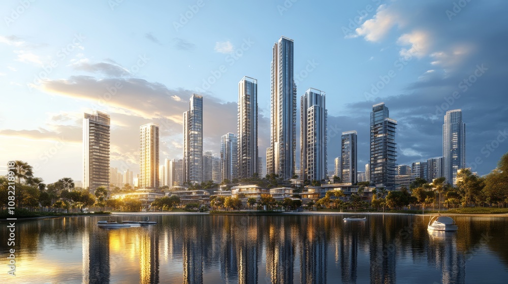 An urban planning concept featuring a city skyline with tall buildings ...