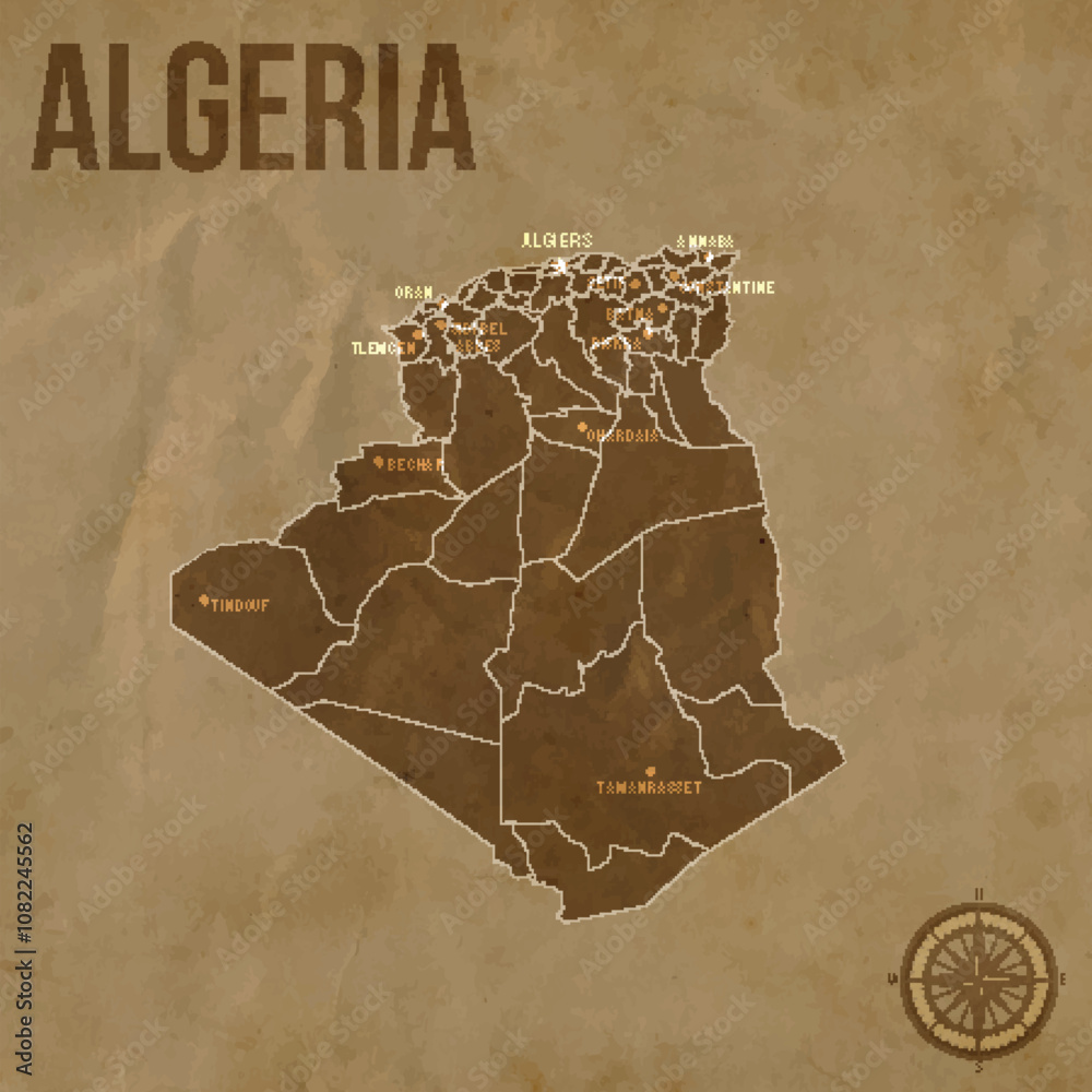 Vintage ALGERIA Map with Regions Borders and Major Cities Positions ...