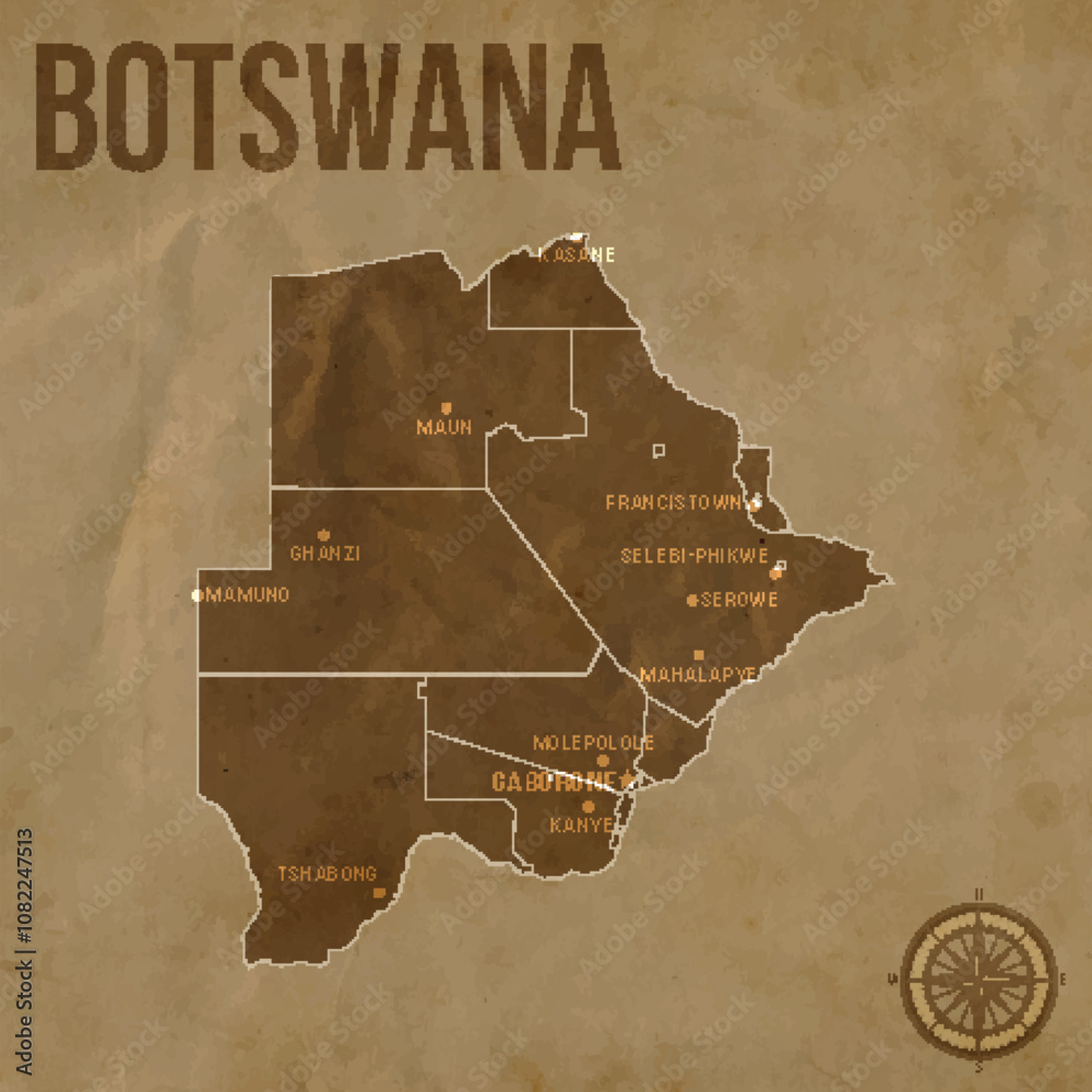 Vintage BOTSWANA Map with Regions Borders and Major Cities Positions ...