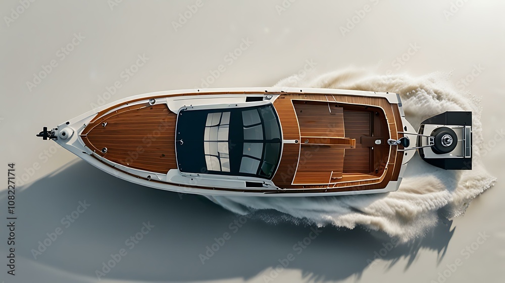 Overhead view of a motorboat on a white background, highlighting the ...