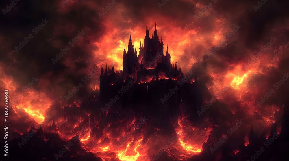 Foto de Fiery Castle engulfed in Inferno: A digital art illustration of ...