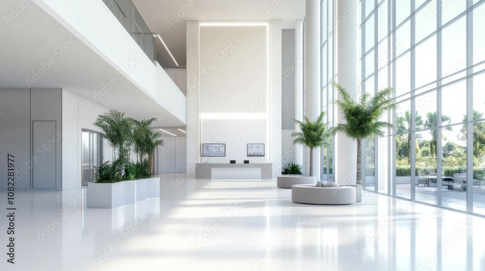 The lobby features bright, expansive windows allowing natural light to ...