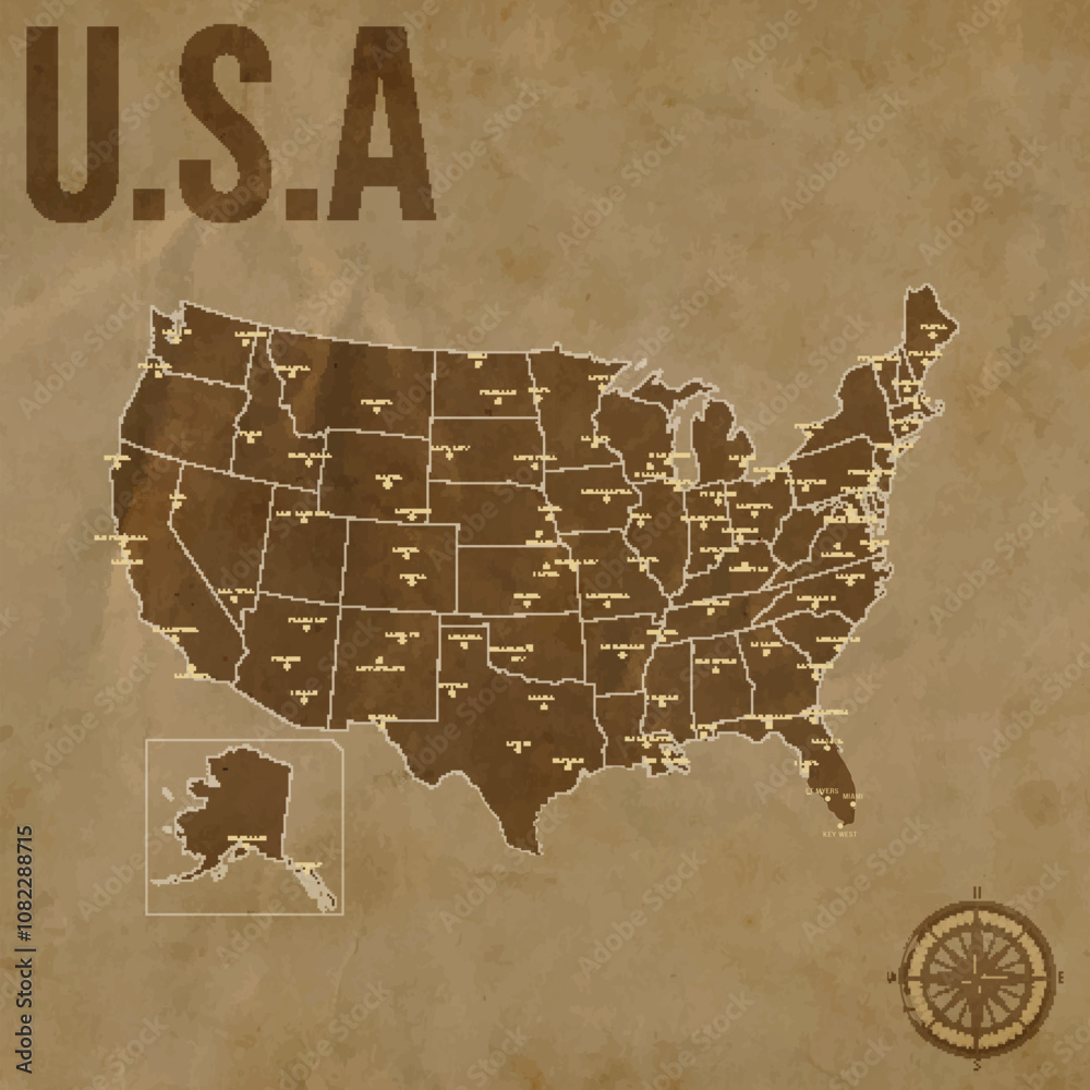 Vintage USA Map with Regions Borders and Major Cities Positions Stock ...