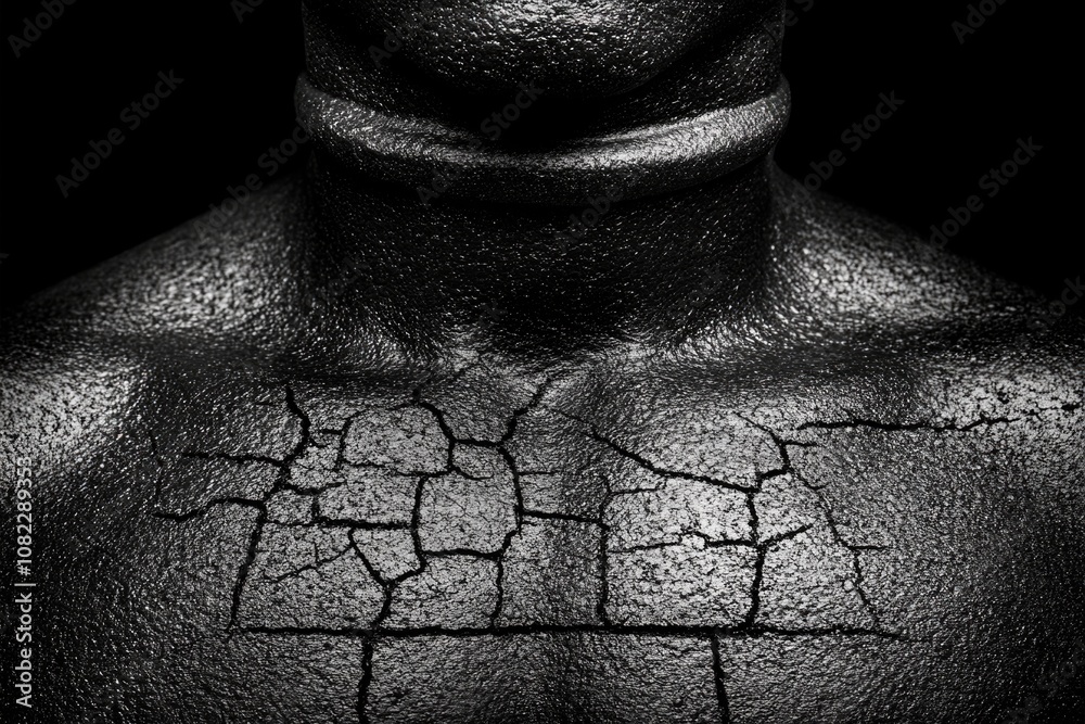 Abstract black texture with cracked surface on human torso close-up ...