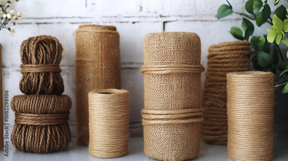 A close-up shot of different sizes and types of natural twine wound ...