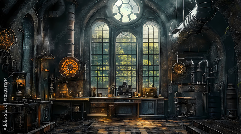 Steampunk interior design, fantasy retro hall, in a victorian house ...