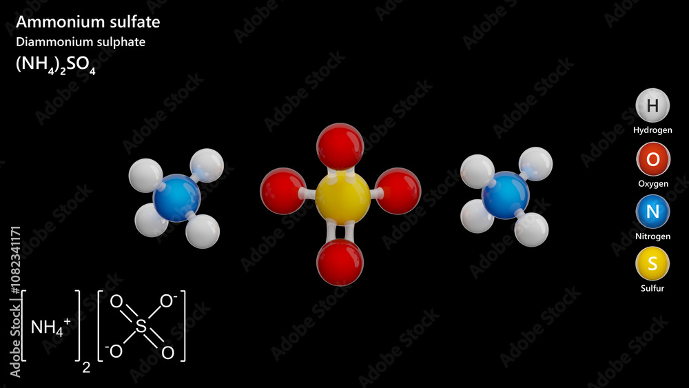 Molecule: Ammonium Sulfate. Fertilizer. Molecular structure. Formula ...