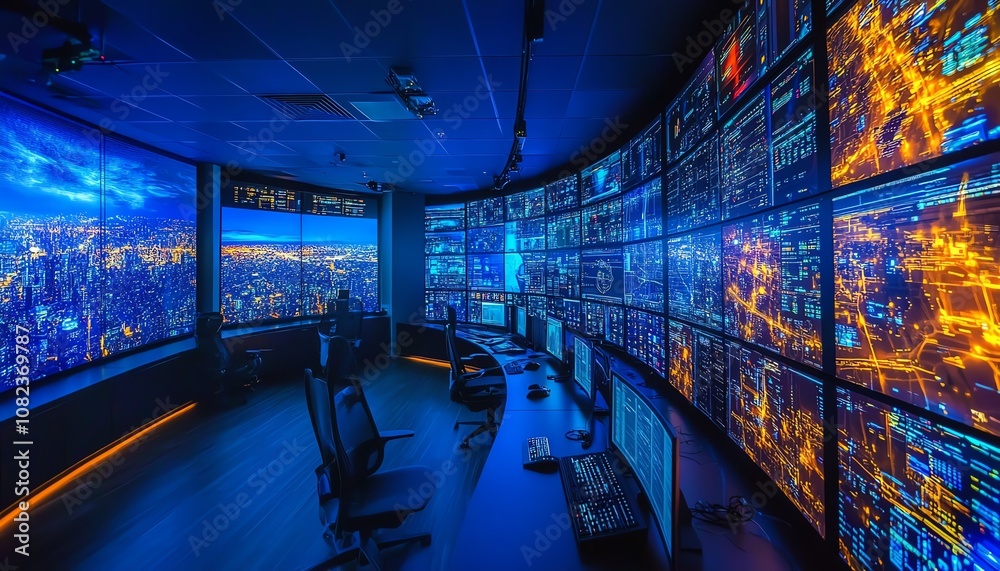 Command center filled with screens displaying global operations, advanced tracking and ...