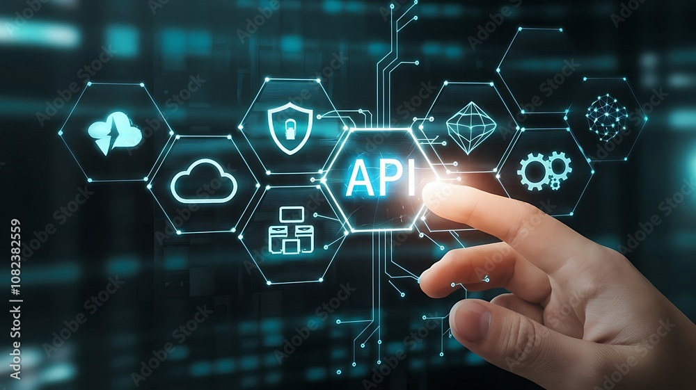 businessman pressing virtual button API, application programming interface. cloud computing ...